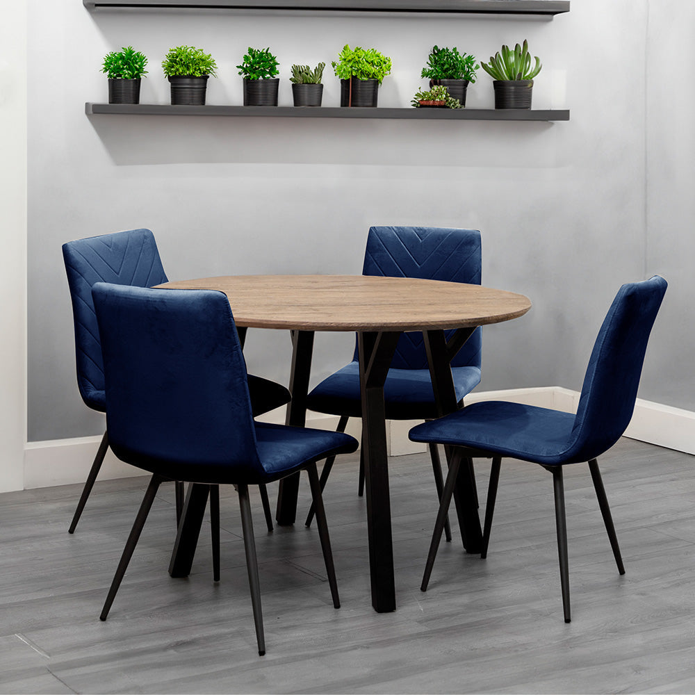 Dining Set - 1.1m Oak Finish Round Table & 4 x CH66 Blue Chairs – Agile ...